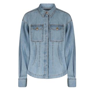 Elisabetta Franchi Femme, Blouses et Chemises, Bleu, Taille: 38 FR Chemise en denim de soie avec surpiqûres contrastantes