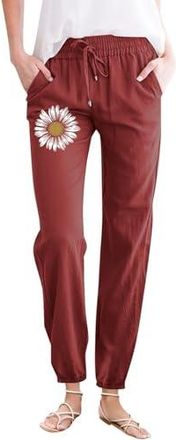 Generic Pantalon en coton et lin pour femme - Jambe large - Pantalon de plage d&eacute;t&eacute; pour femme - Confortable - Pantalon de yoga Palazzo XIYU26032, rouge brique