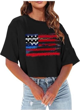 Generic Hauts courts d&eacute;contract&eacute;s pour femmes &agrave; col rond 2025 coupe ample T-shirt court mignon patriotique demi-chemises &agrave; manches courtes pour femme T-shirts