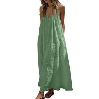 Generic Robe de vacances d&eacute;t&eacute; pour femme en coton l&eacute;ger avec col en V et noeud dans le dos, robe d&eacute;t&eacute; fluide sans manches avec poches, v&ecirc;tement de voyage, ver