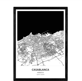 Nacnic Poster mit Karte von Casablanca - Marokko. Blätter von Städte in Afrika mit Meeren und Flüssen in schwarz und weiß. A3