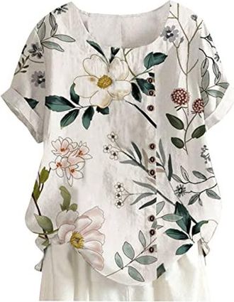 Generic Haut ample &agrave; manches courtes en lin pour femme - T-shirt graphique surdimensionn&eacute; pour femme - Blouses et chemises de plage, tee-shirts, hauts de base