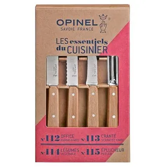 Opinel Opinel - Coffret de 4 Couteaux de Cuisine Les Essentiels - N°112 Office, N°113 Cranté, N°114 Légumes, N°115 Éplucheur - Lame Acier Inox - Hêtre Vernis