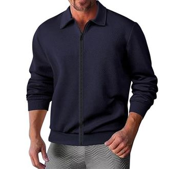 Generic Cardigan d&eacute;contract&eacute; et tendance &agrave; manches longues pour homme avec revers ample et fermeture &eacute;clair, bleu marine, S