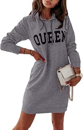 Onsoyours Femme Sweat à Capuche Robe Sweatshirt à Manches Longues Queen Imprimé Robes Pull Tunique Hoodie Grande Taille Printemps Mode Sweat Tops A Gris XXL