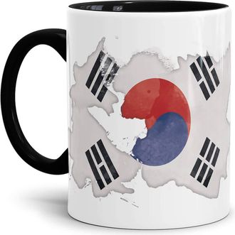 Tassendruck Flaggen-Tasse Südkorea Innen & Henkel Schwarz - Fahne/Länderfarbe/Wasserfarbe/Aquarell/Cup/Tor/Qualität Made in Germany