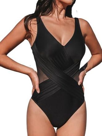 Cupshe Maillot de bain une pi&egrave;ce pour femme - Contr&ocirc;le du ventre - Col plongeant envelopp&eacute; - Maille fronc&eacute;e - Bretelles r&eacute;glables, Noir, M