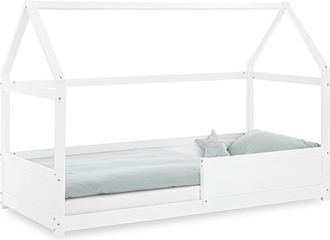 Homestyle4u Kinderbett 90x200 mit Rausfallschutz Lattenrost Montessori Bodenbett Weiß Kiefer Holz Hausbett Kinderzimmer