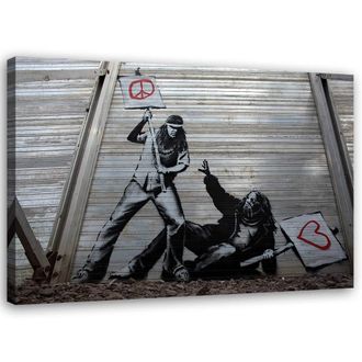 Feeby Leinwandbilder XXL Banksy - Peace Vs. Love - 90x60 cm - Bild auf Leinwand - Kunstdruck - Deko Wohnzimmer - Wandbilder Schlafzimmer - Deko Schwarz - De
