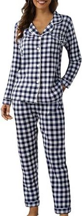 Generic Pyjama &agrave; carreaux pour femme - Long coton - &Eacute;l&eacute;gant - Avec boutonni&egrave;re - Col en V - Pyjama confortable - Deux pi&egrave;ces - Haut et pantalon de pyjama - Co