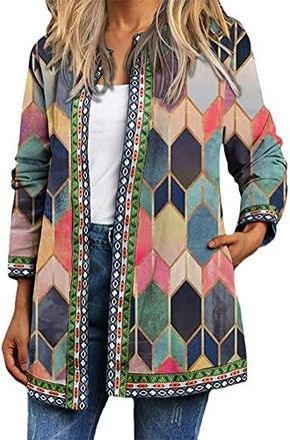 ORANDESIGNE Vestes Vintage Femme Style Ethnique Imprimé Floral Manteau Chic Boho Impression de Fleurs Cardigan avec Poche S Rose 3XL