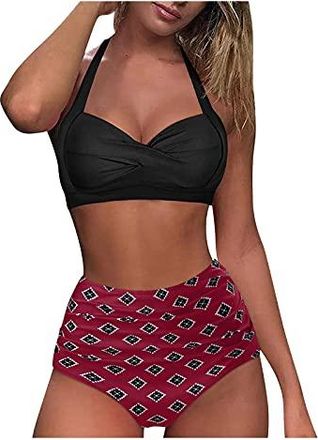 Generic Maillots De Bain Femme Deux Pieces Gainant High Ruched Waist rétro Print Bikini Piece Two Set Swimwears Tankinis Set (XL)