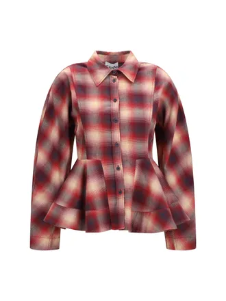 Ganni Womens Shirt Peplum Flannel Raspberry Wine Cotton