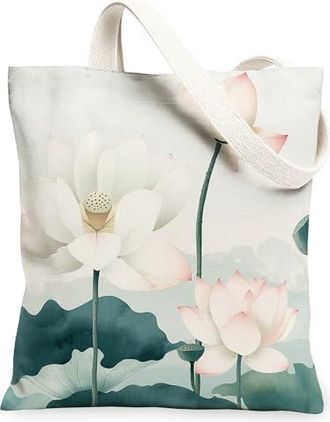 Generic Sac fourre-tout en toile motif lotus printanier pour faire du shopping, 33 x 38,1 cm, motif floral, arbre de mer, sac d&eacute;picerie r&eacute;utilisable pour femm