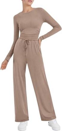 Generic Costume extensible pour femme - Tenue dautomne deux pi&egrave;ces - Surv&ecirc;tement &agrave; manches longues - Haut court &agrave; manches longues - T-shirt - Pantalon large -