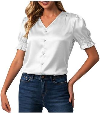 Generic Haut Femme Chemisier en Satin avec Brillance pour Femme, Chemise &Agrave; Manches Courtes pour Dames, Col Rond, Couleur Unie, Basique, D&eacute;contract&eacute;, pour Sort