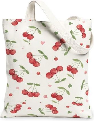 Generic Sacs fourre-tout en toile motif floral cerises, sacs &agrave; provisions r&eacute;utilisables, sacs &agrave; provisions r&eacute;utilisables, sangle d&eacute;paule lavable l&eacute;g&egrave;re d&eacute;t&eacute; C