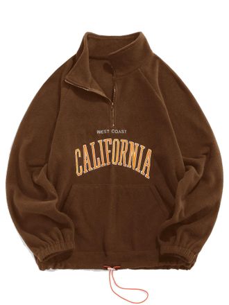 Zaful Viertel Zip Flauschig Polar Vlies Fleece Sweatshirt Herren Vintage Brief Stickerei Langarm Raglan&auml;rmel f&uuml;r Herbst Winter (2-Braun,2XL)