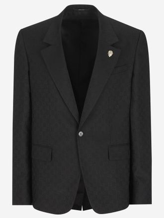 Gucci Mens Gg Pattern Wool Blend Jacket Black Polyester