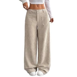 Generic Pantalon ample en velours c&ocirc;tel&eacute; de couleur unie avec 4 poches, pantalon ample en velours c&ocirc;tel&eacute; pour femme, abricot, XS
