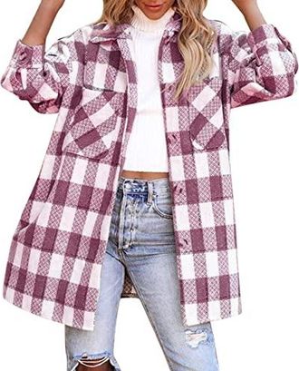 Generic Vestes pour femmes 2026 Chemises &agrave; carreaux bross&eacute;s &agrave; manches longues en flanelle &agrave; revers boutonn&eacute; avec poches, bordeaux, XXL