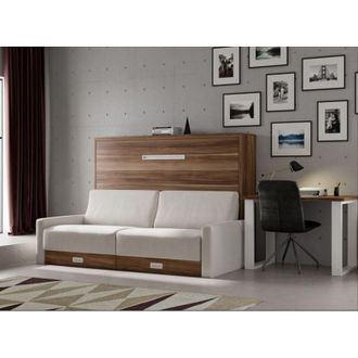 Les Tendances Les Tendances - Lit escamotable horizontal avec canapé Vetal 140x190-Canapé Beige-Structure et Façade Chêne gris