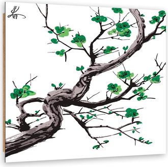 Feeby Wandbild Aquarell Japan Zweig 50x50 cm Modern Deko Kunst Bilder Orient Zen Asien Grün