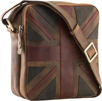 Mala Leather Sac &agrave; bandouli&egrave;re vintage Union Jack - Cuir synth&eacute;tique marron - Double compartiments zipp&eacute;s - Bandouli&egrave;re r&eacute;glable - Drapeau britannique appliqu&eacute; - S