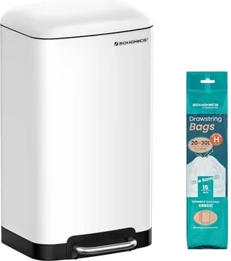 Songmics Poubelle 30L, avec P&eacute;dale en Acier, Seau Int&eacute;rieur et Couvercle, Poign&eacute;e, Fermeture en Douceur, Herm&eacute;tique, pour Cuisine, Salon, Blanc LTB01W