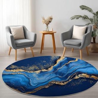 Generic Bleu Fonc&eacute; Tapis Rond Art D&eacute;co - 160 cm Lavable Doux et antid&eacute;rapant Tapis, Lignes Modernes Et Ondul&eacute;es Impression pour Chambre &agrave; Coucher Salon Vestib