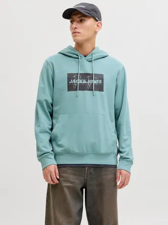Jack & Jones Kapuzensweatshirt JACK & JONES JJCOLE PRINT SWEAT HOOD UNB, Herren, Gr. XL, mineral blau, angeraute Sweatware, Obermaterial: 60% Baumwolle, 40% Polyes