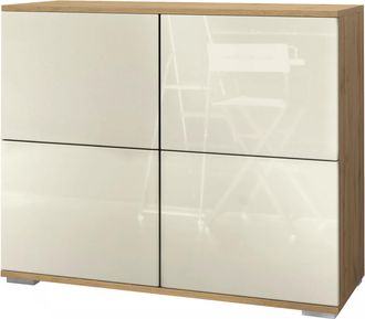 Vladon Kommode Rova V3, Moderner Küchenschrank mit 4 Push-to-Open Türen Eiche Evoke/Creme Hochglanz (92,5 x 75.5 x 35)