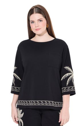 Ulla Popken Damen gro&szlig;e Gr&ouml;&szlig;en &Uuml;bergr&ouml;&szlig;en Plus Size Sweatshirt, U-Boot-Ausschnitt, 3/4-Arm, Biobaumwolle schwarz 46+ 837755100-46+