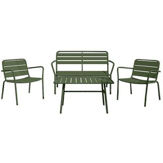 Vente-Unique Salon de jardin en m&eacute;tal : un banc, 2 fauteuils bas et une table basse - Kaki - MIRMANDE de MYLIA