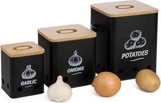 Relaxdays Kartoffel Aufbewahrungsbox, Zwiebeln, Knoblauch, 3er Set, mit L&ouml;chern, Metall, Bambusdeckel, schwarz/Natur