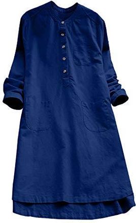 Generic Chemisier &agrave; manches longues en lin pour femme - Chemisier long en lin - Col en V - Chemisier long en mousseline - T-shirt long respirant - Chemise en 