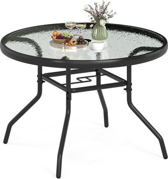 Giantex Runder Beistelltisch, Gartentisch mit Schirmloch, geh&auml;rteter Glasplatte, stabilem Metallgestell, Couchtish & Kaffeetisch f&uuml;r Wohnzimmer, Terrasse, Gar