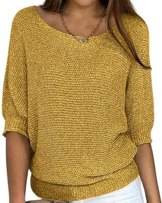 Generic Ideacloth Pull pour femme, haut en tricot d&eacute;contract&eacute;, haut &agrave; manches 3/4 pour femme, haut en crochet pour femme, grande taille, jaune, 5XL