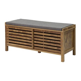 Calicosy Schuhbank mit 2 Schiebet&uuml;ren mit durchbrochenen Lamellen - Kissen aus grauem Leinen - F&uuml;&szlig;e aus Holz & Holzdekor - Kollektion Liam - Eingangsbereich, S