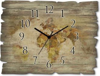 Artland Wanddeko Wanduhr ohne Tickgeräusche aus Holz Quarzuhr 40x30 cm Rechteckig Lautlos Weltkarte Kontinente Länder Retro Vintage Originell T9NI