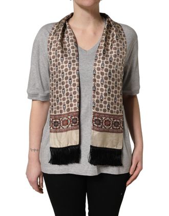 Dolce & Gabbana Womens Gray Cotton V-Neck Owl Silk Scarf Top T-Shirt
