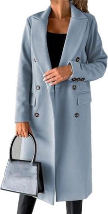 Generic Manteau long en laine pour femme - Automne et hiver - Double boutonnage - &Eacute;l&eacute;gant et d&eacute;contract&eacute; - Couleur unie - Bleu ciel - L, bleu ciel, L