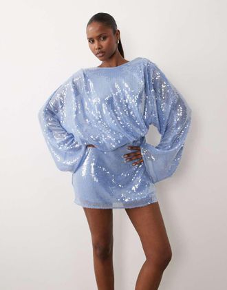 Asos Minikleid in Blau mit Glaspailletten, Fledermaus&auml;rmeln und drapiertem Oberteil