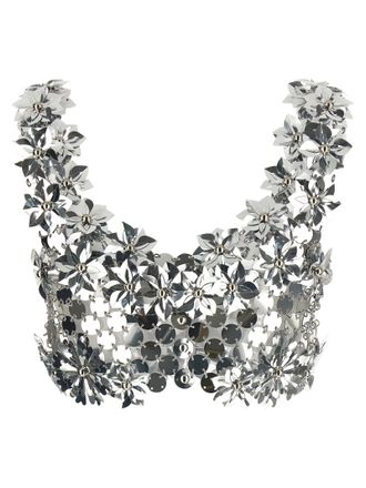 Paco Rabanne 3D Floral Metal Disc Bralette Top - Silver