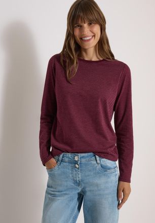 Cecil Langarmshirt CECIL, Damen, Gr. XXL (46), rot (rot wine), Web, 80% Baumwolle, 20% Polyester, gestreift, comfort fit normal, U-Boot-Ausschnitt, abgestep