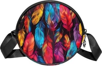 Generic Petit sac &agrave; bandouli&egrave;re rond avec fermeture &eacute;clair r&eacute;glable et plumes color&eacute;es pour femme et fille
