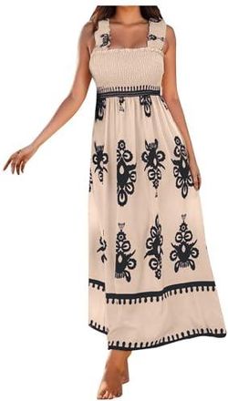 Generic Robe longue d&eacute;t&eacute; 2026 boh&egrave;me pour femmes, smock&eacute;es, sans manches, imprim&eacute; fluide, beige, XXL