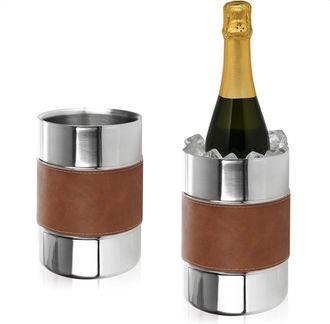 Com-Four 2x Sektkühler mit Kunstleder-Band - Flaschenkühler für Sekt und Wein - Eiswürfelkübel aus Edelstahl - doppelwandiger Eiswürfeleimer mit 10 cm Innendur