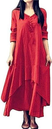 Generic Longue Robe Blanche Col en V Ete Pas Cher Grande Taille Robe Rétro Maxi Lâche Imprimé Florales Bohème San Manches Ete Mi-Longue Dress Cotton en Line D