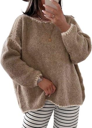 Generic Pull Femme Automne-Hiver &agrave; Manches Longues, surdimensionn&eacute;, en Tricot &eacute;pais, col Ras du Cou, 2025, Kaki, Taille M